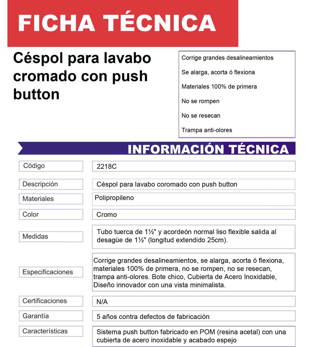Cespol Para Lavabo Cromado Fleximatic 2218c Bote Ch Boton Push