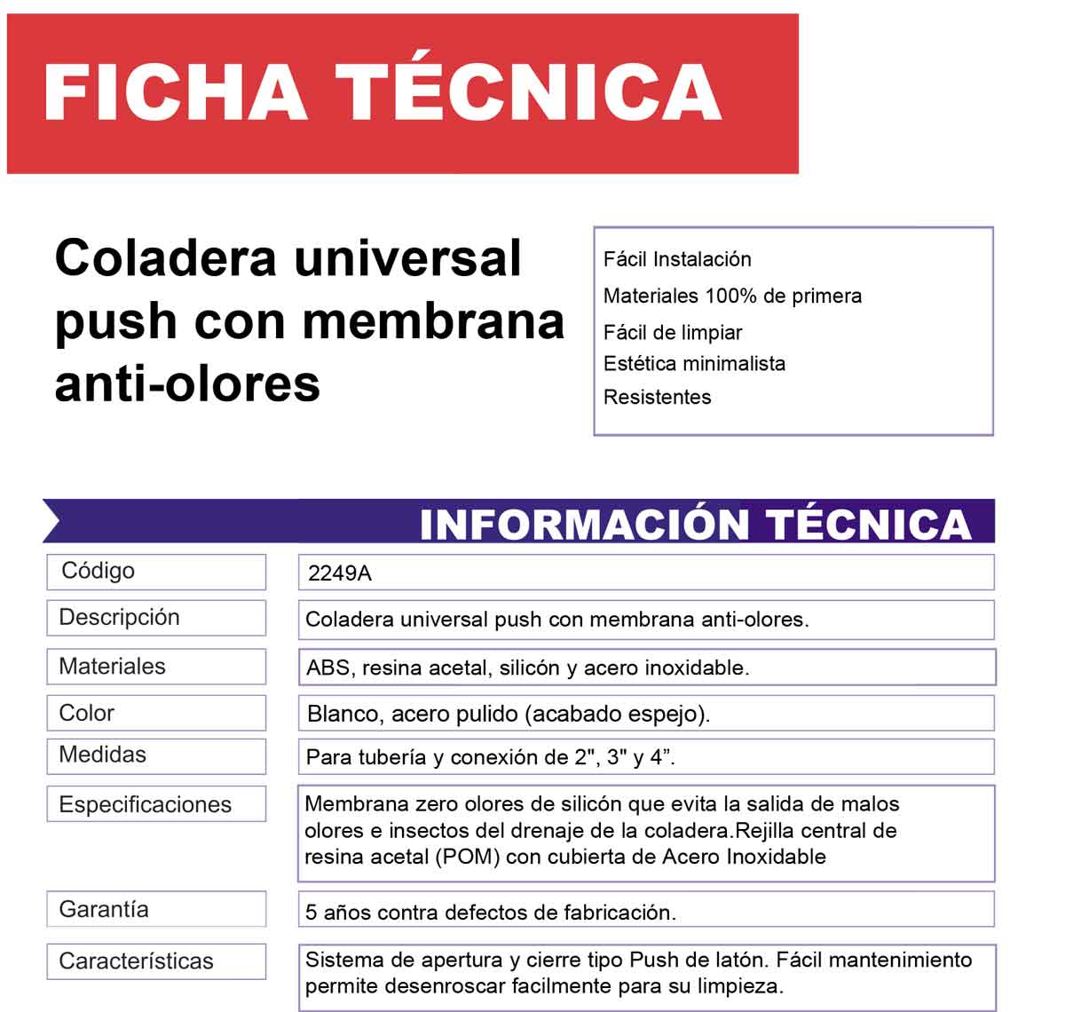 Coladera Universal Boton Push Fleximatic 2249A Acero Inoxidable Membra ...